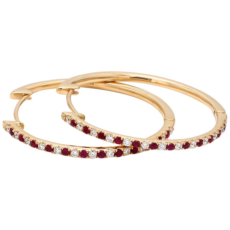 18 Karat Yellow Gold Ruby Diamond Hoop Earring For Sale at 1stDibs