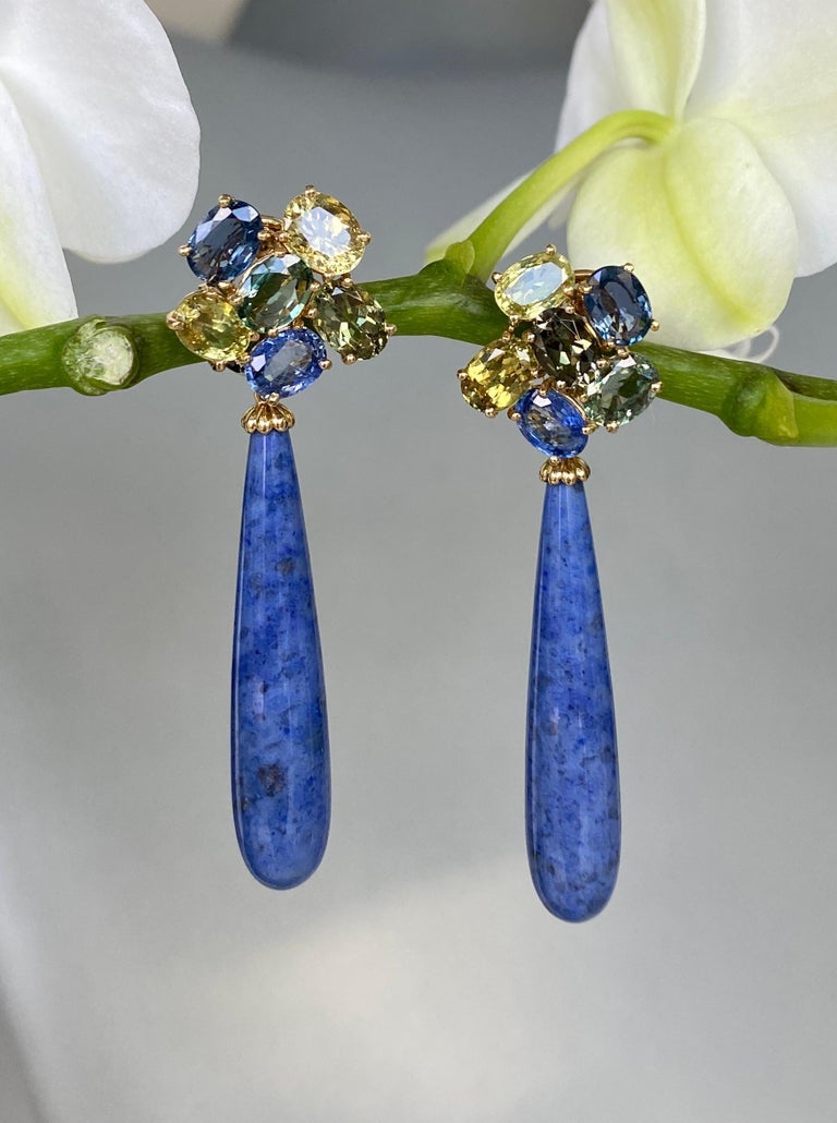 18 Karat Yellow Gold Sapphire Chrysoberyl Blue Dumortierite Quartz Drop ...