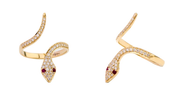18 Karat Yellow Gold Snake Serpent Diamond and Ruby Ring For Sale at ...