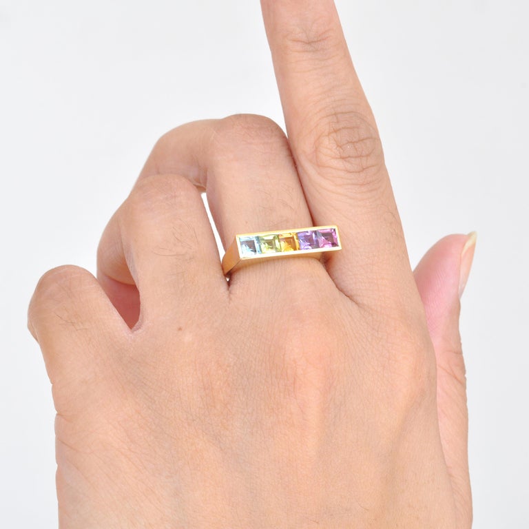 Customizable 18 Karat Yellow Gold Step Cut Multicolour Gemstones Linear ...