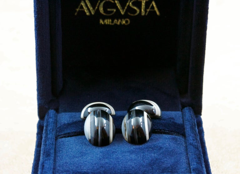 18 Karat Yellow Gold Striped Agate Oval Cufflinks For Sale at 1stDibs