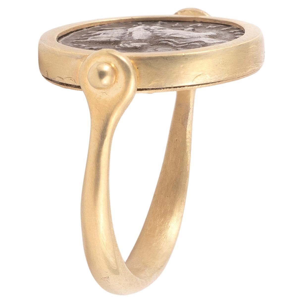 18 Karat Yellow Gold Swivel Silver Roman Coin Plautius Ring For Sale at 1stDibs