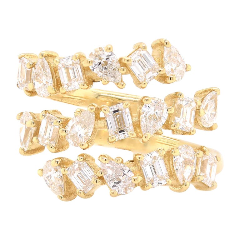 18 Karat Yellow Gold Three Row Pear and Baguette Diamond Bypass Ring ...