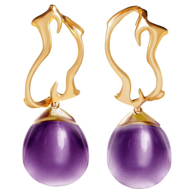 18 Karat Yellow Gold Tibetan Earrings with Detachable Amethyst Drops ...
