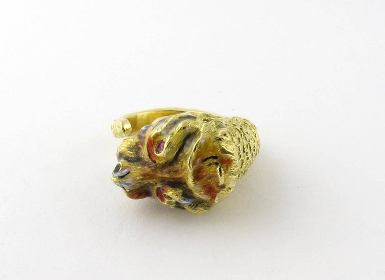 18 Karat Yellow Gold Tiger Ring Diamond Tongue Ruby Eyes For Sale at ...