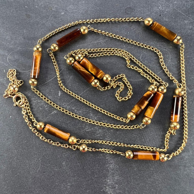 18 Karat Yellow Gold Tiger’s Eye Chain Necklace For Sale at 1stDibs