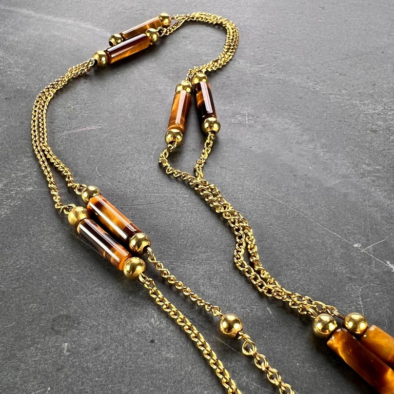 18 Karat Yellow Gold Tiger’s Eye Chain Necklace For Sale at 1stDibs