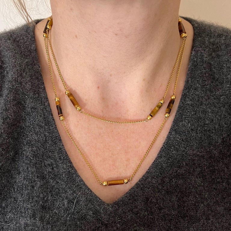 18 Karat Yellow Gold Tiger’s Eye Chain Necklace For Sale at 1stDibs