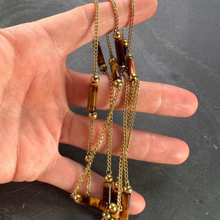 18 Karat Yellow Gold Tiger’s Eye Chain Necklace For Sale at 1stDibs