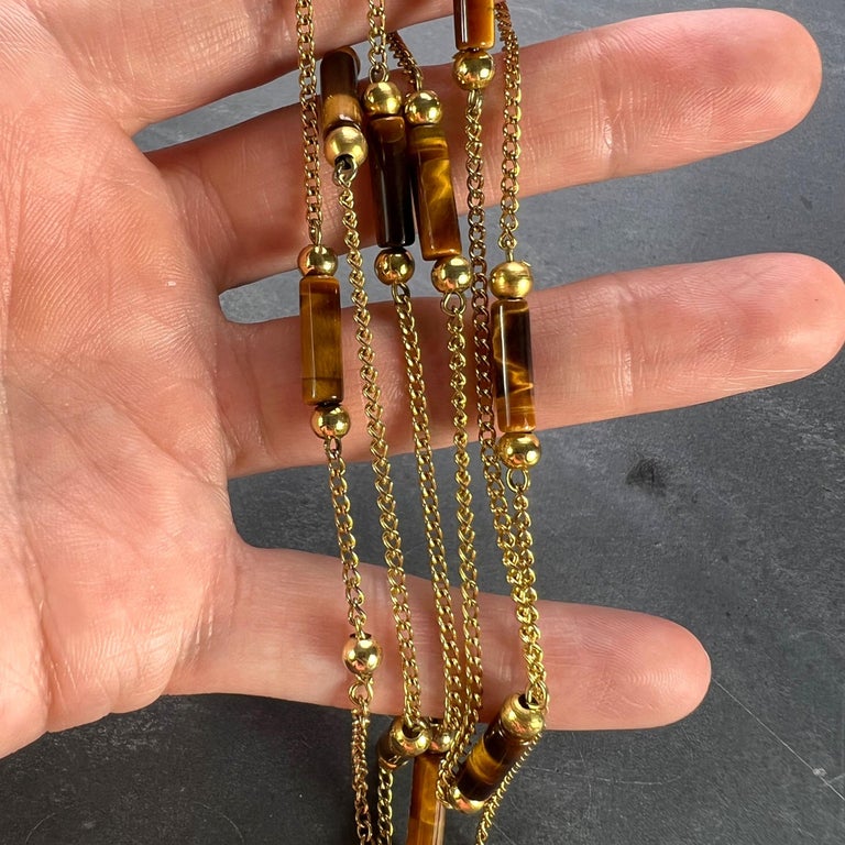 18 Karat Yellow Gold Tiger’s Eye Chain Necklace For Sale at 1stDibs