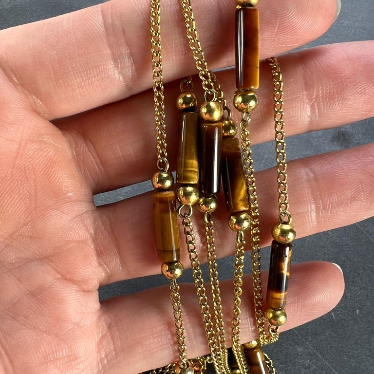 18 Karat Yellow Gold Tiger’s Eye Chain Necklace For Sale at 1stDibs