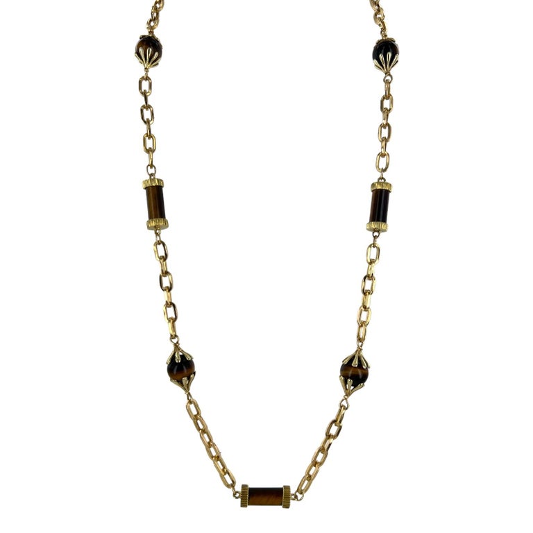 18 Karat Yellow Gold Tiger's Eye Estate Link Necklace For Sale at 1stDibs