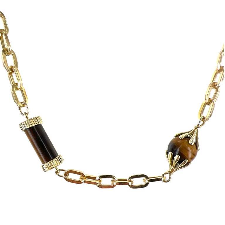 18 Karat Yellow Gold Tiger's Eye Estate Link Necklace For Sale at 1stDibs