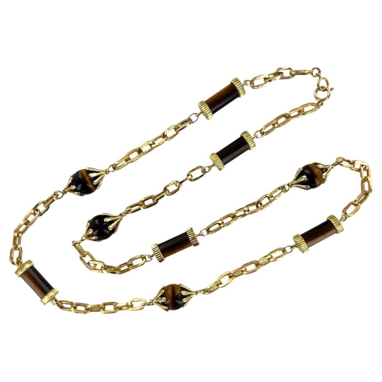 18 Karat Yellow Gold Tiger's Eye Estate Link Necklace For Sale at 1stDibs