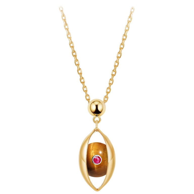 Eye Unisex Chain Pendent Necklace 18 Karat Yellow Gold Tigers Eye Ruby ...