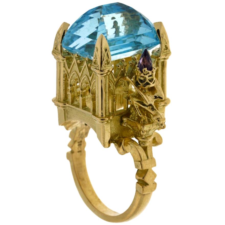 Gothic Cathedral Ring in 18 Karat Yellow Gold, Citrine and Garnets For ...