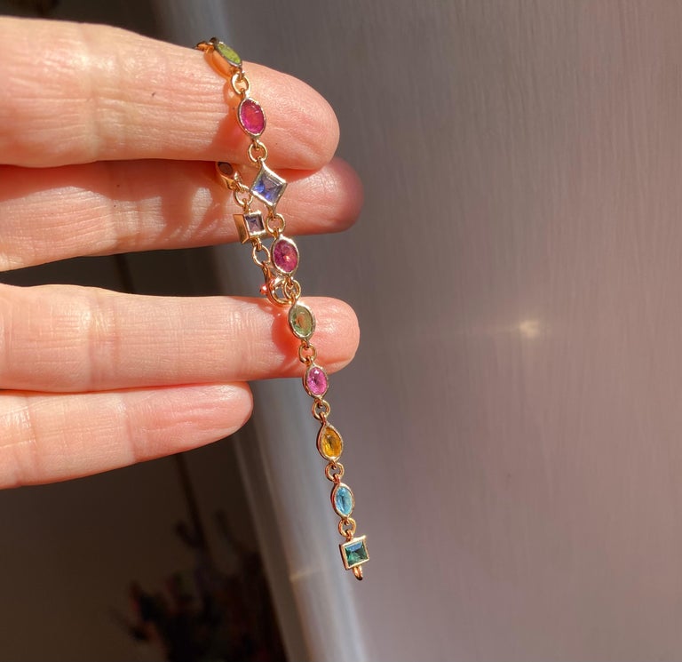 18 Karat Yellow Gold Tourmaline Multicolour Chain Handcrafted Tennis ...