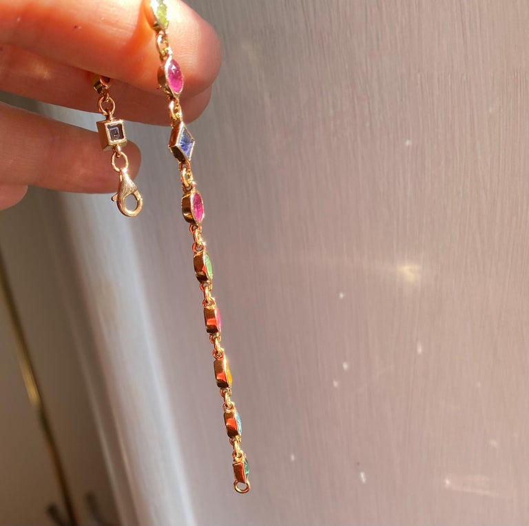 18 Karat Yellow Gold Tourmaline Multicolour Chain Handcrafted Tennis ...