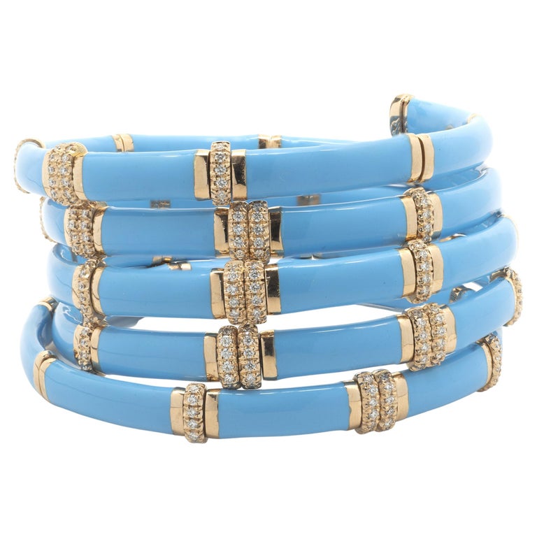 18 Karat Yellow Gold Turquoise Enamel Five Row Diamond Wrap Bracelet ...