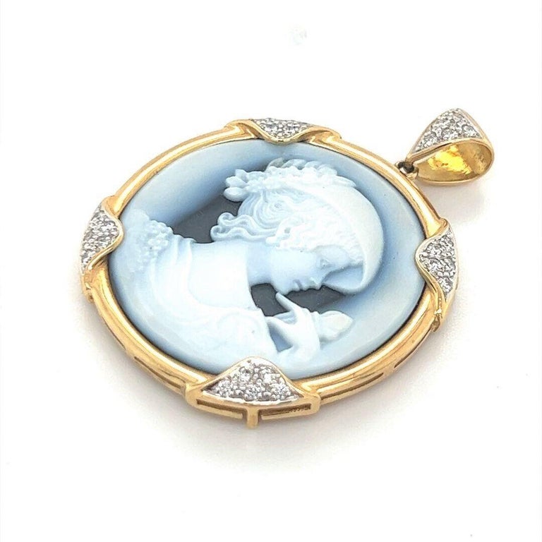 18 Karat Yellow Gold Vintage Blue Agate Cameo with Diamond Accents ...