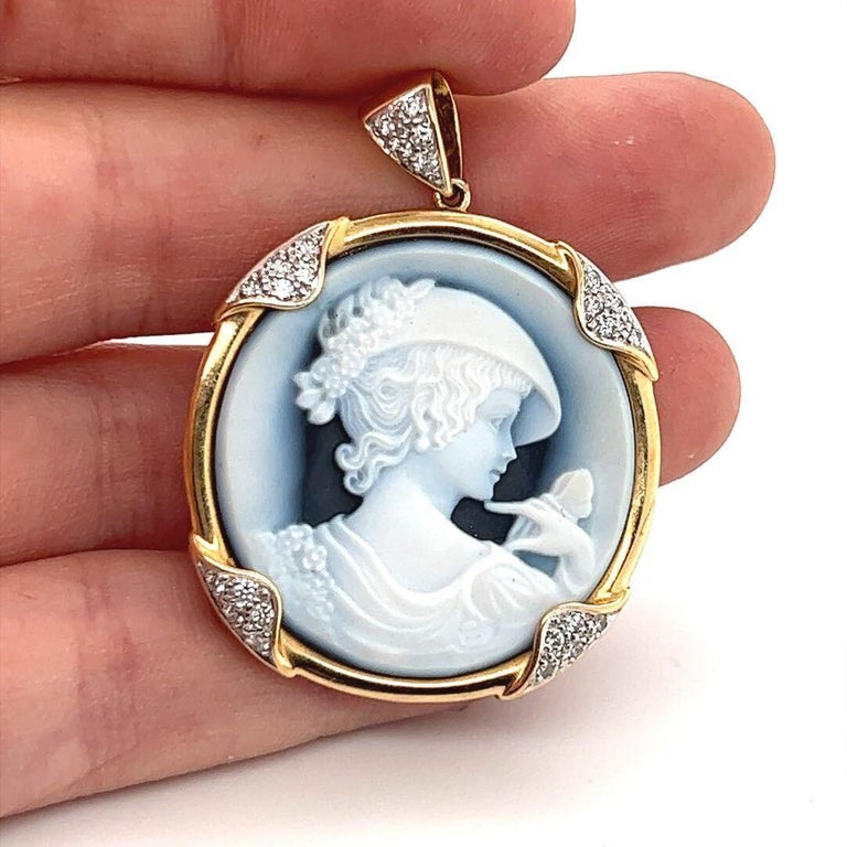 18 Karat Yellow Gold Vintage Blue Agate Cameo with Diamond Accents ...
