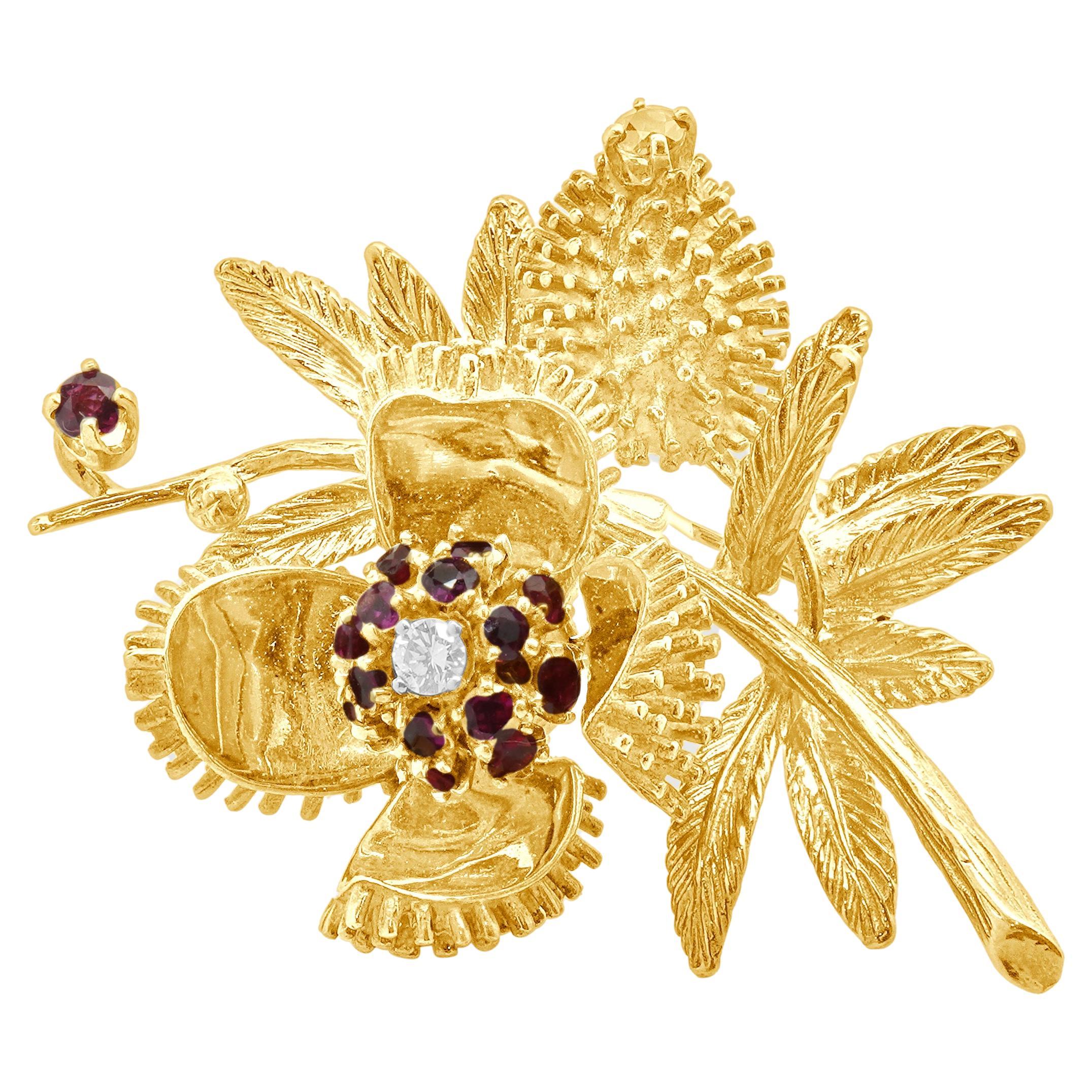 Carl Bucherer 18 Karat Yellow Gold Vintage Fan Pin with Ball Watch Drop ...