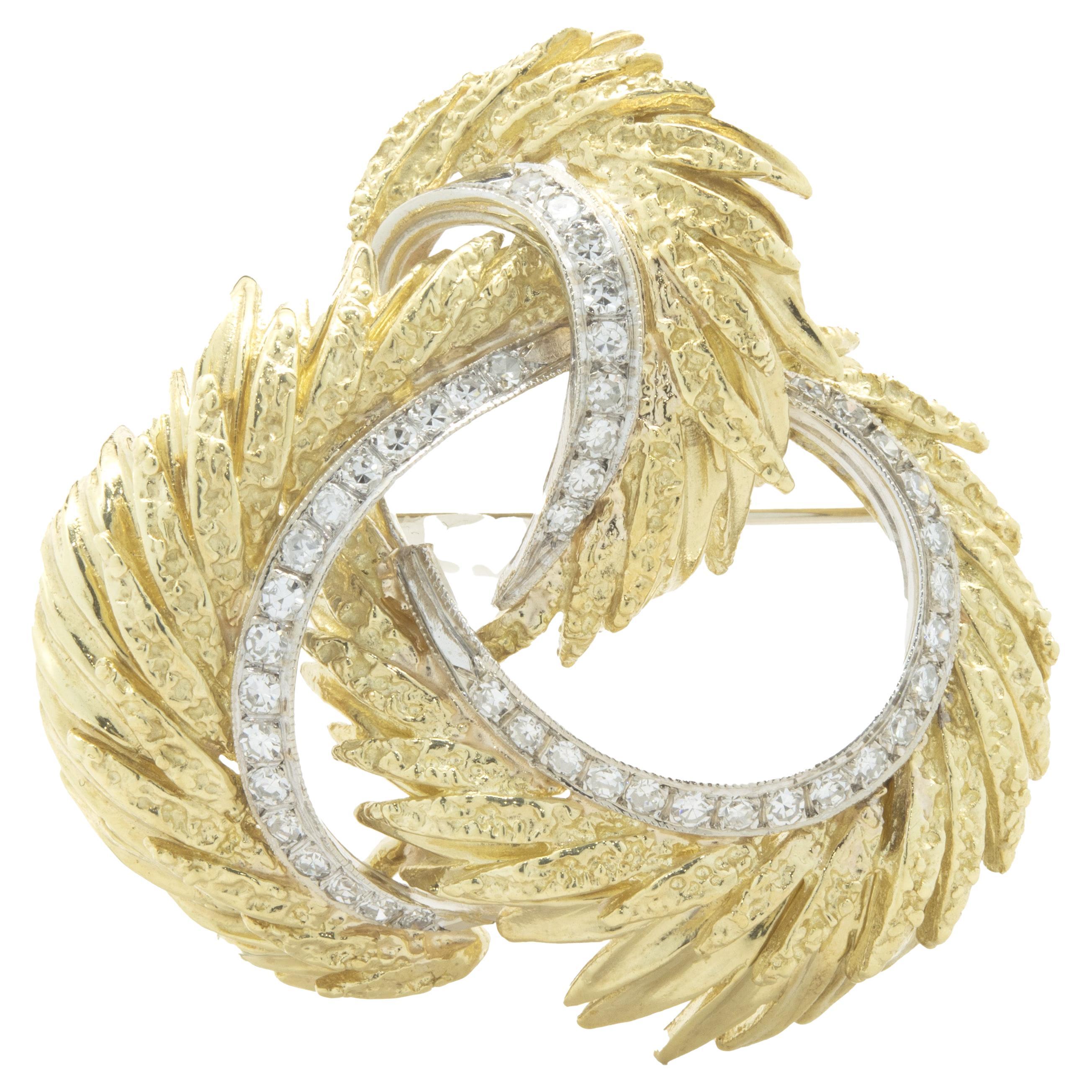 18 Karat Yellow Gold Vintage Diamond Feather Wrap Pin at 1stDibs