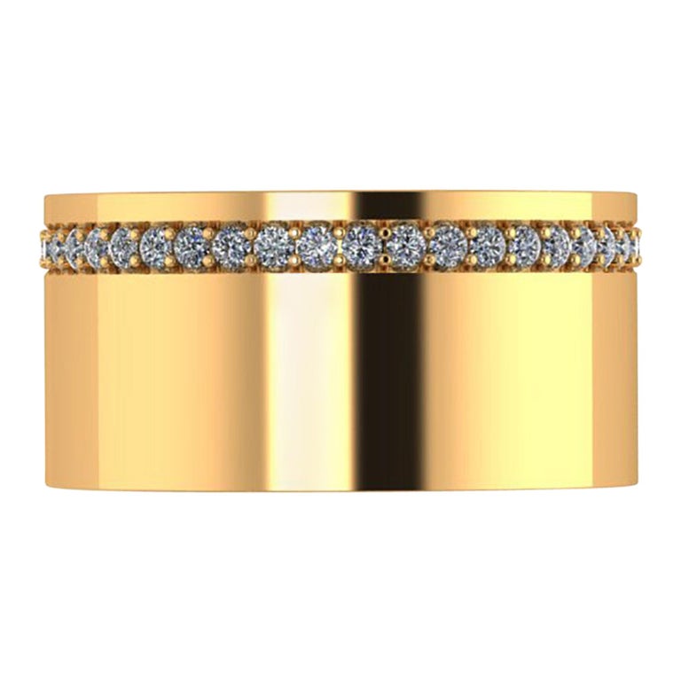 18 Karat Yellow Gold Wide Flat Band White Diamonds Pavé Stackable Ring ...