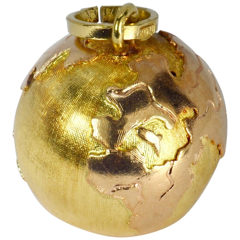 18 Karat Yellow Rose Gold World Globe Charm Pendant at 1stDibs