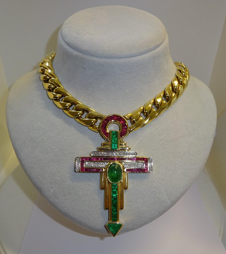 18 Karat Yelöow Gold Diamonds, Ruby, Emeralds Necklace For Sale at 1stDibs