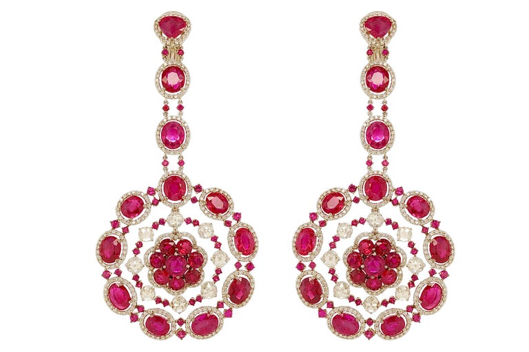 18 Karat Gold 62.15 Carat Ruby and 5.93 Carat Diamonds Dangle Earrings ...
