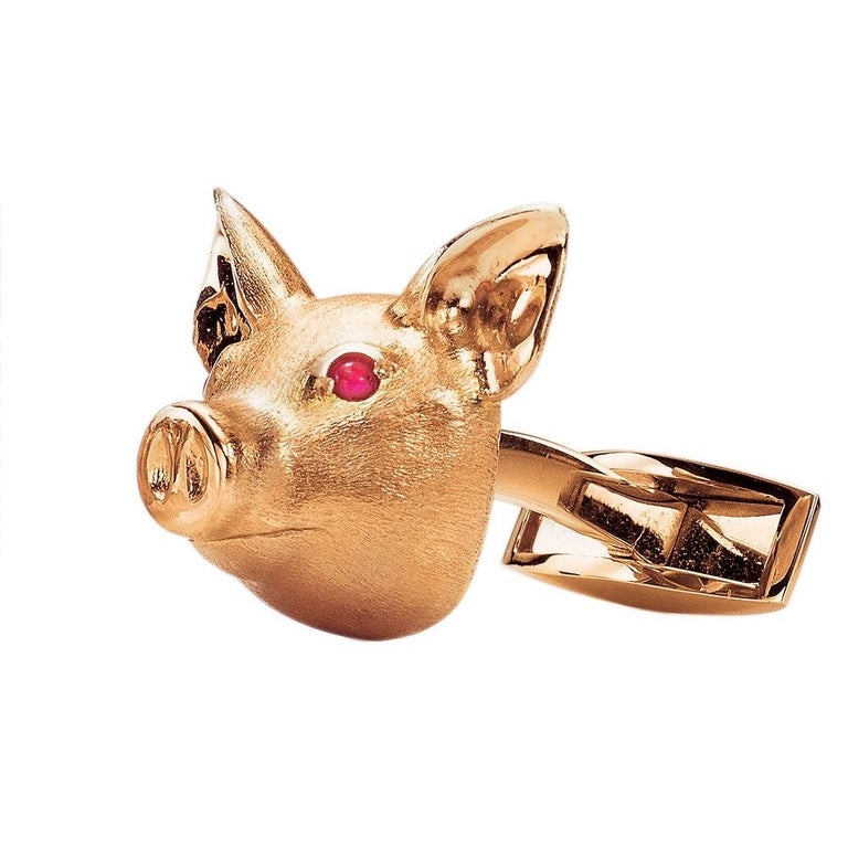 18 Karat Rose Gold Pig Head Cufflinks with Ruby Eyes For Sale (Free ...