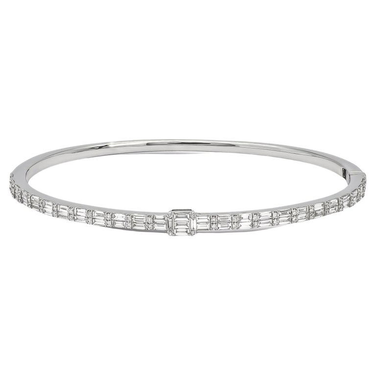 18 Kt White Gold Baguette Diamond Bangle Bracelet, Double Line Woman ...