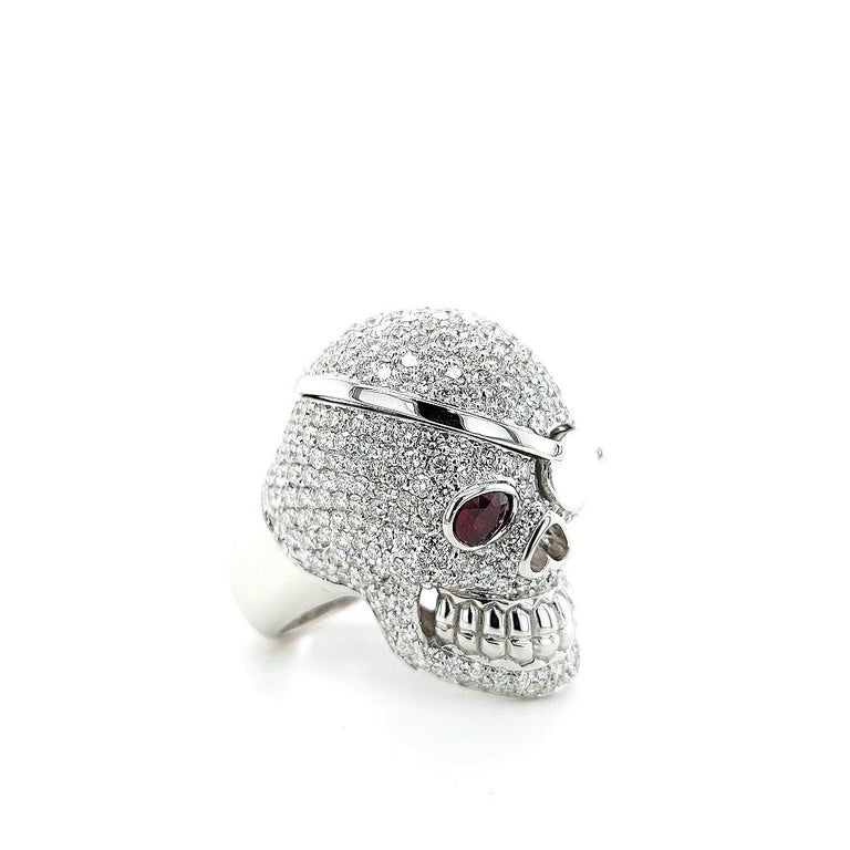 18 Karat white Gold Diamond and Ruby Skull Ring with Eye Patch of ...