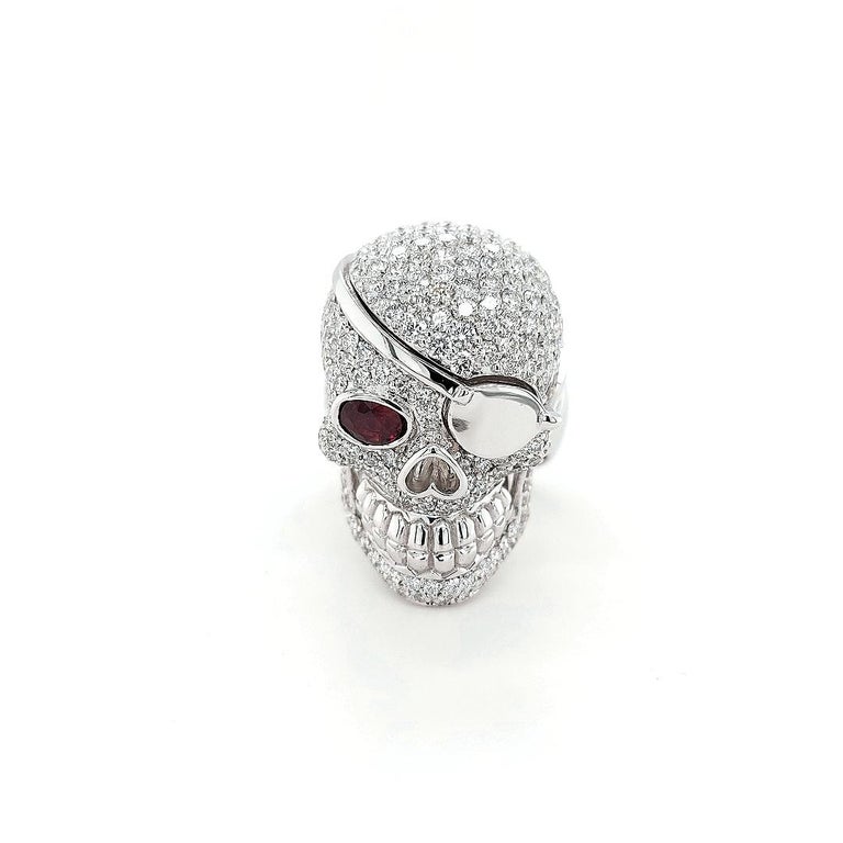18 Karat white Gold Diamond and Ruby Skull Ring with Eye Patch of ...