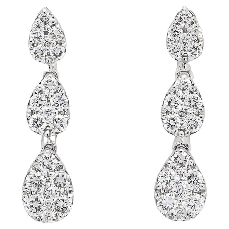 18kt White Gold Drop Natural Diamond Pear Shape Cluster Dangler Earring ...