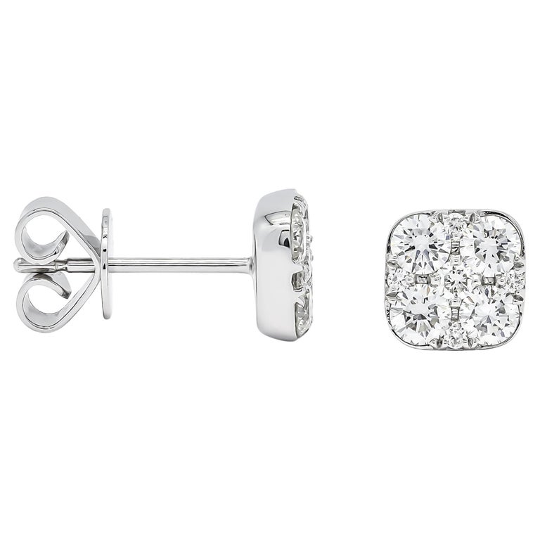 18 Karat White Gold Natural Diamond Square Cluster Stud Earrings For ...