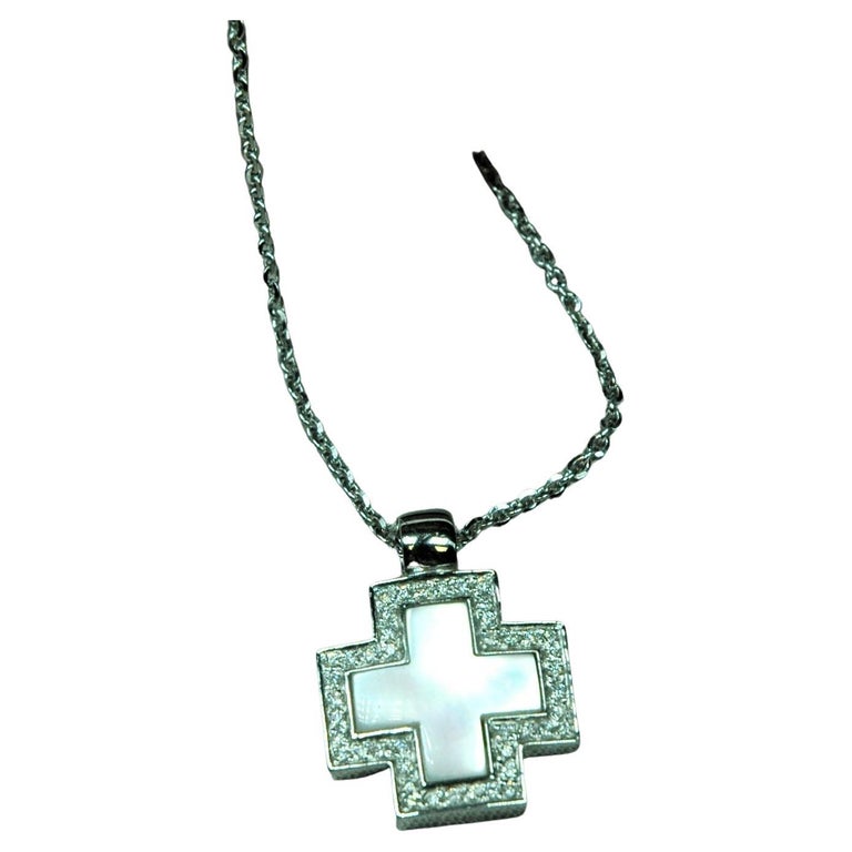 18 Kt, White Gold Pendant Necklace Square Cross, Diamonds, White Mother ...