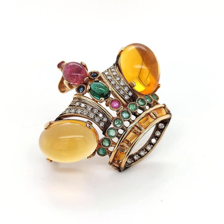 18 Karat Yellow gold Crown Brooch / Pendant with Precious Stones and ...