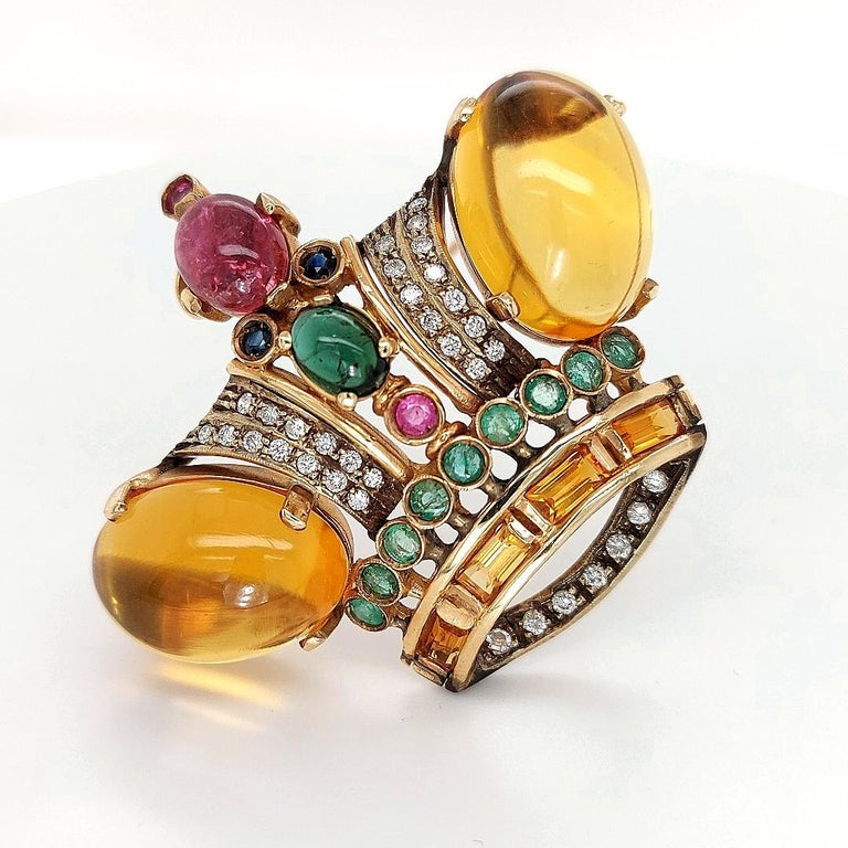 18 Karat Yellow gold Crown Brooch / Pendant with Precious Stones and ...