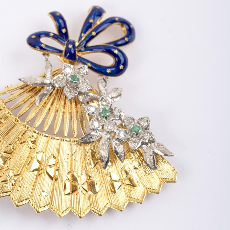 18 Kt Yellow Gold Fan Brooch 1950s Enamel Bow Diamonds Brilliant ...