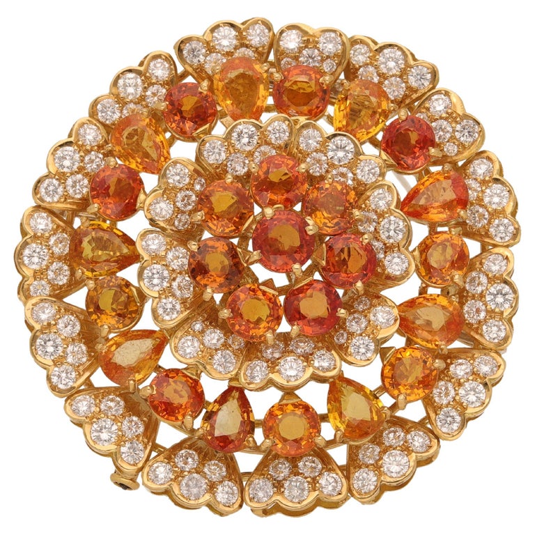 18 Karat Yellow Gold Multicolored Sapphire Diamonds Flower Brooch For ...
