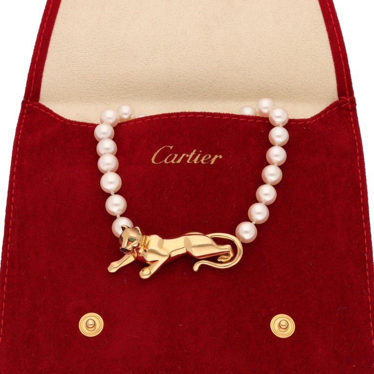 18 Karat Yellow Gold Panther Pearls Necklace by Cartier at 1stDibs