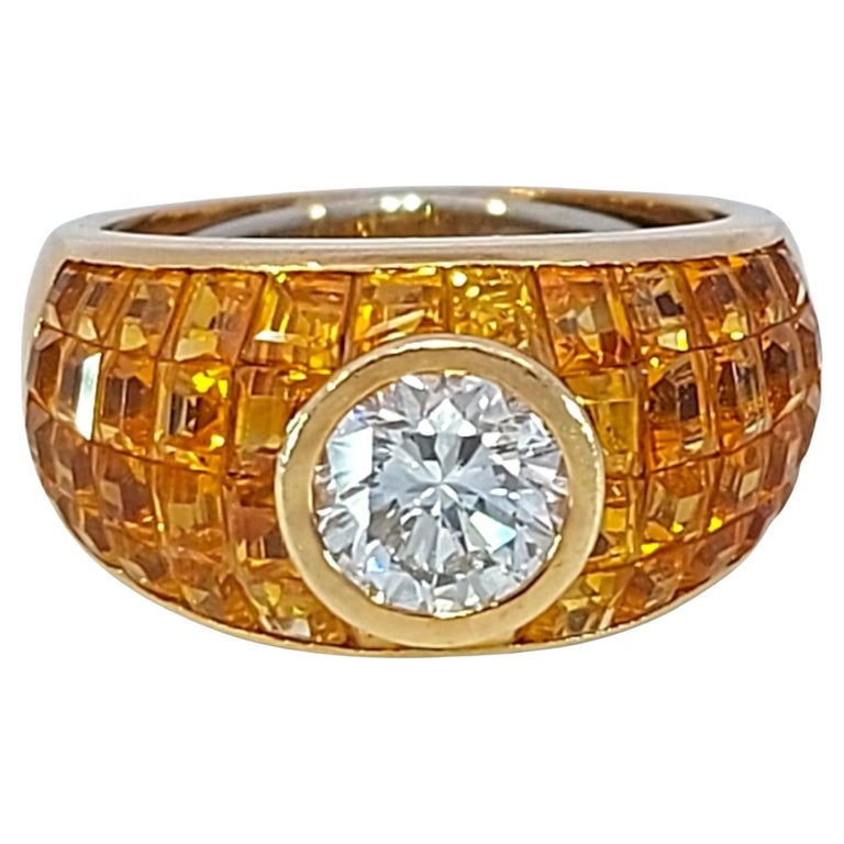 18 Karat Yellow Gold Ring 1ct Diamond and Yellow Sapphires, Estate ...