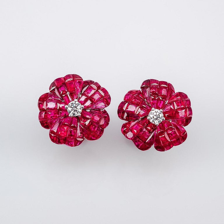 18 White Gold Flower Ruby Invisible Stud Earrings For Sale at 1stDibs