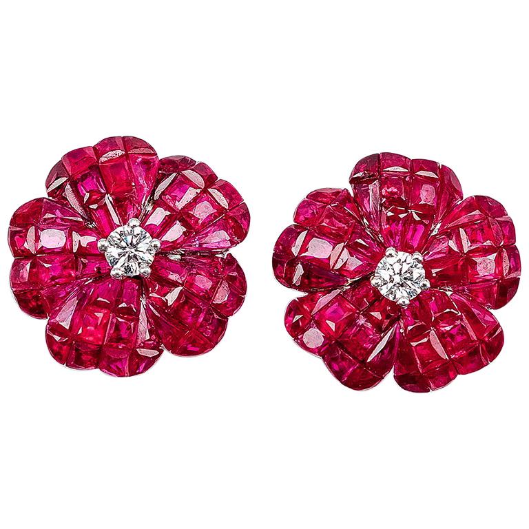 18 white gold flower Ruby invisible Stud Earrings at 1stDibs | the invisible stud, ruby flower ...