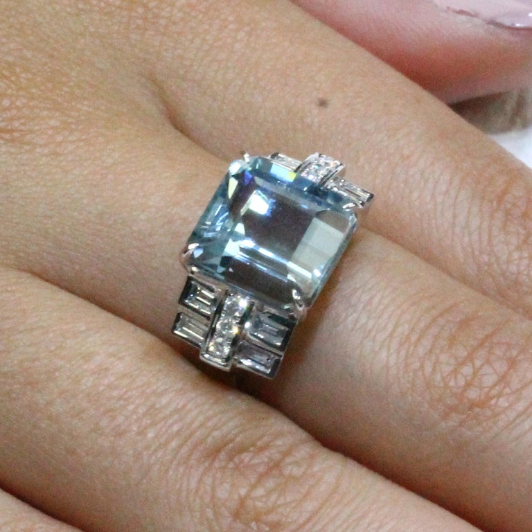18 White Gold Karat Gold Square Aquamarine Cocktail Ring with Baguette ...
