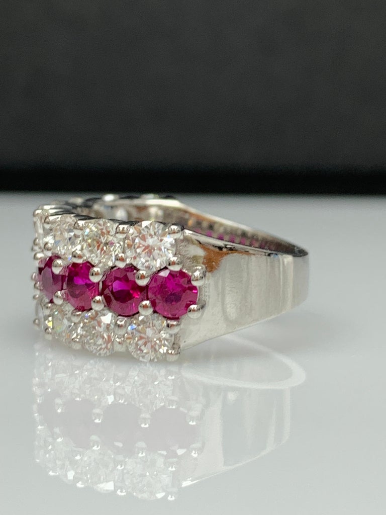 1.80 Ct Round Shape Ruby and Diamond Three Row Band Ring in 14K White ...