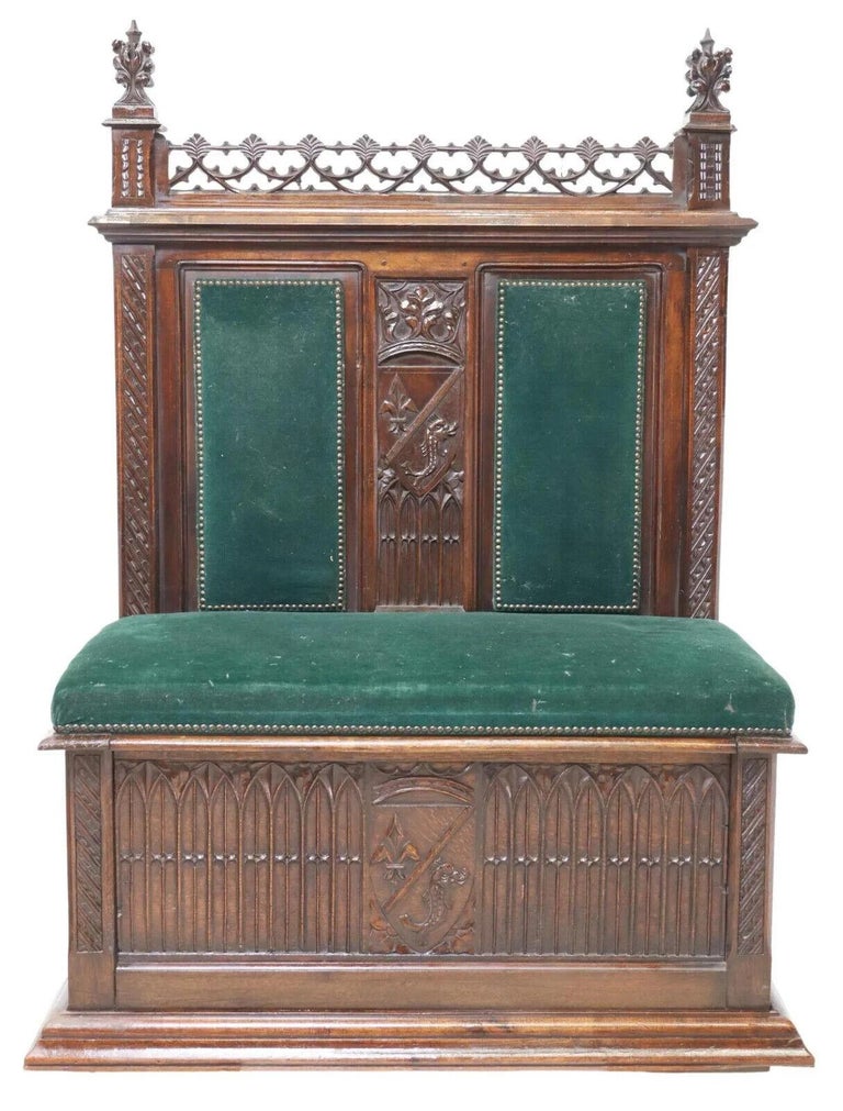 1800s Antique French Gothic Revival, Armorial, Carved Wood, Green, Hall ...
