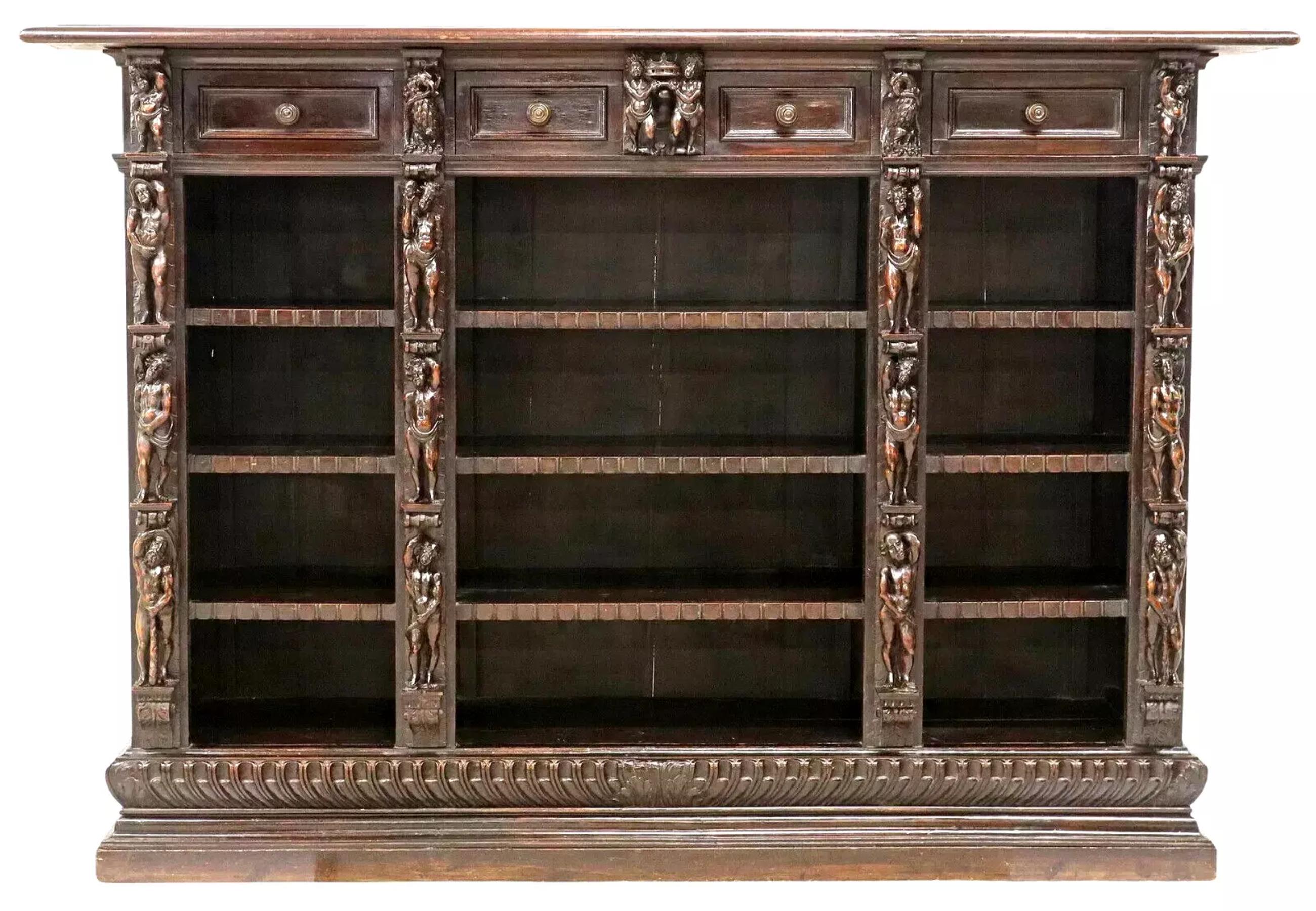 1800's Antique Italian Renaissance Revival, Carved, Figural Bookcase ...